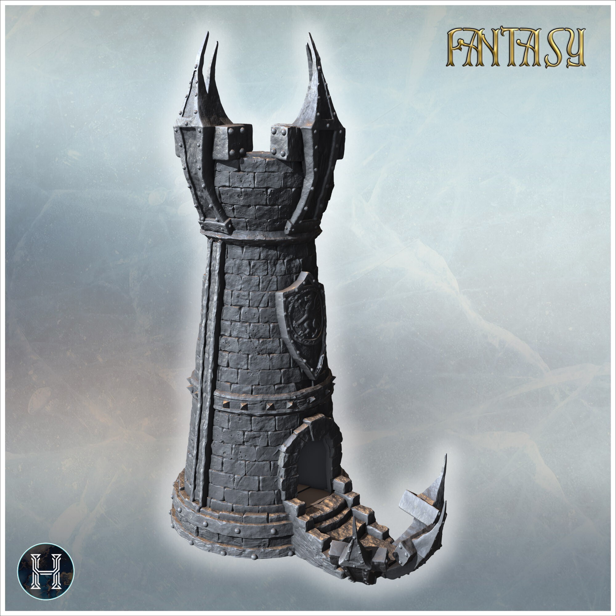 🛡️ Gothic stone tower with spiked battlements, engraved shield, and ...