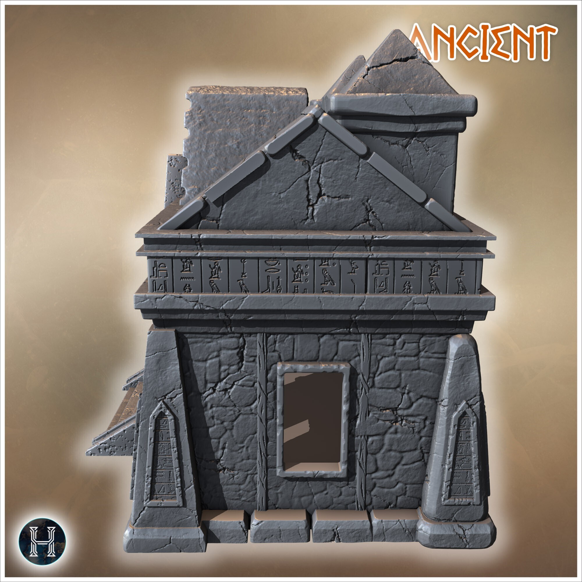 🕍 Ancient stone temple with hieroglyphic engravings, triangular ...