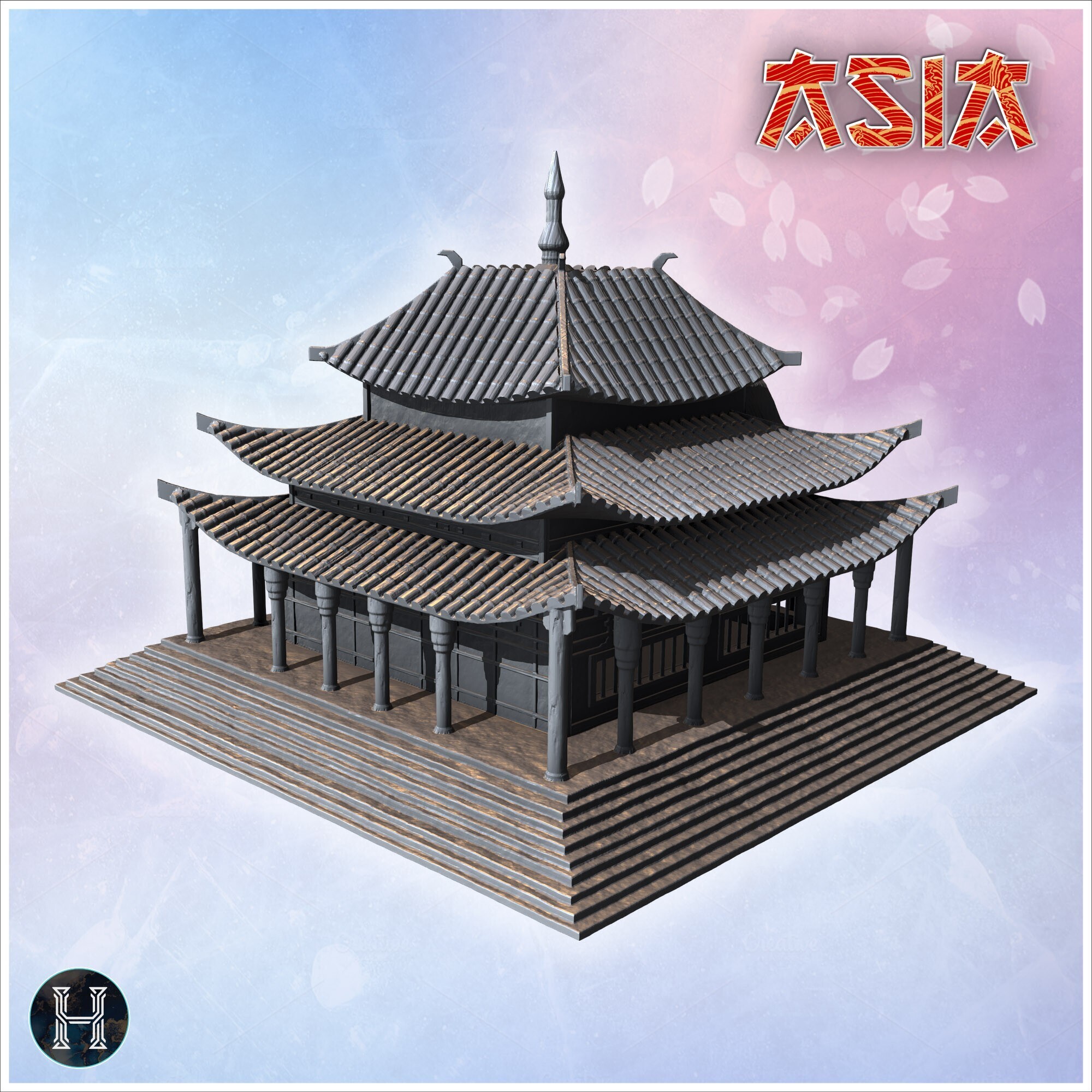 🕍 Large Asian temple with multiple curved roofs, decorative columns ...