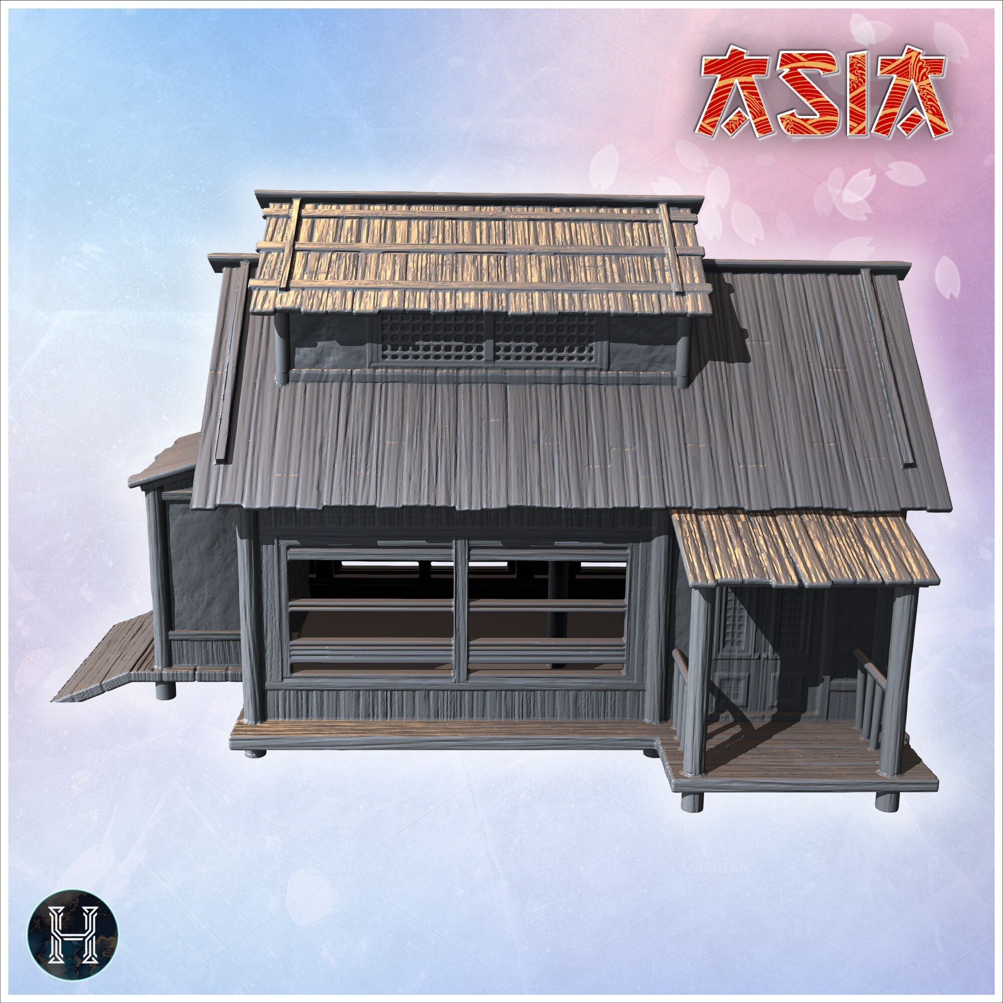 🤏 Small rustic Japanese house with wooden porch, pillars, open windows ...