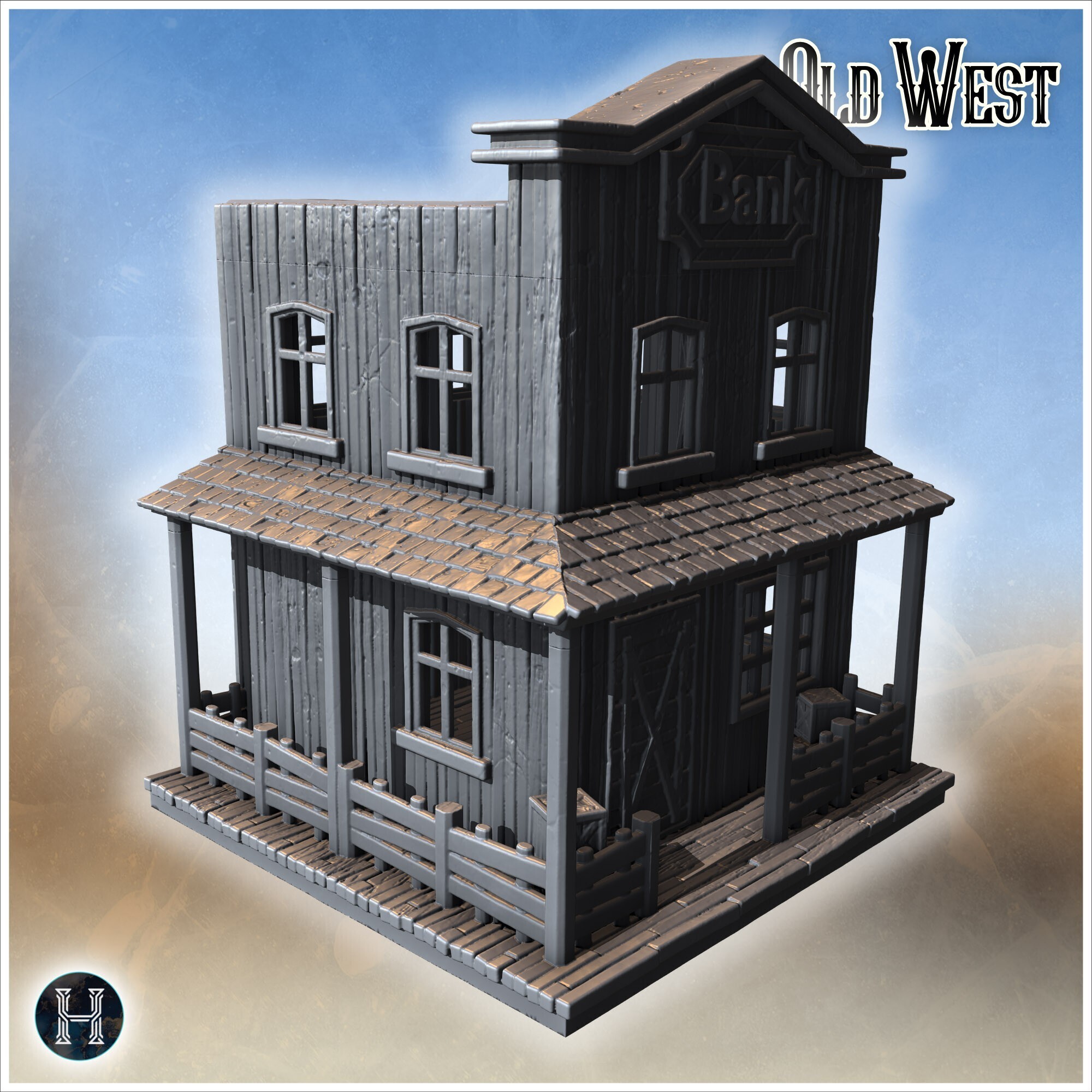 🪵 Wooden bank building with double doors, fenced porch, tiled awning ...