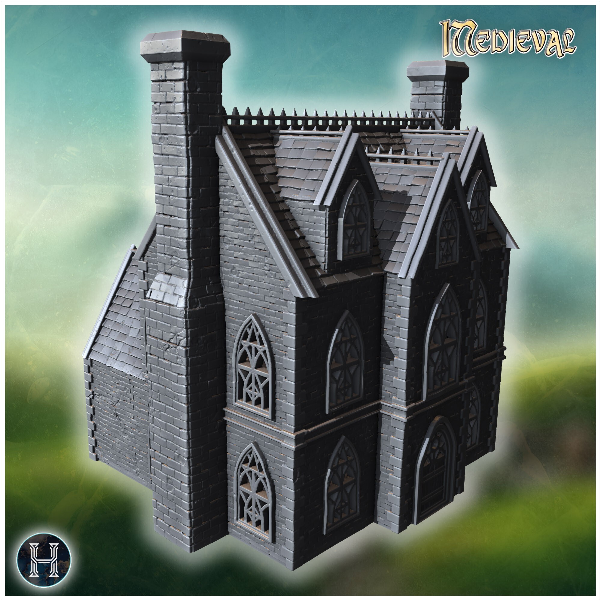 🏠 Large gothic house with twin chimneys and decorative roof railing (25 ...