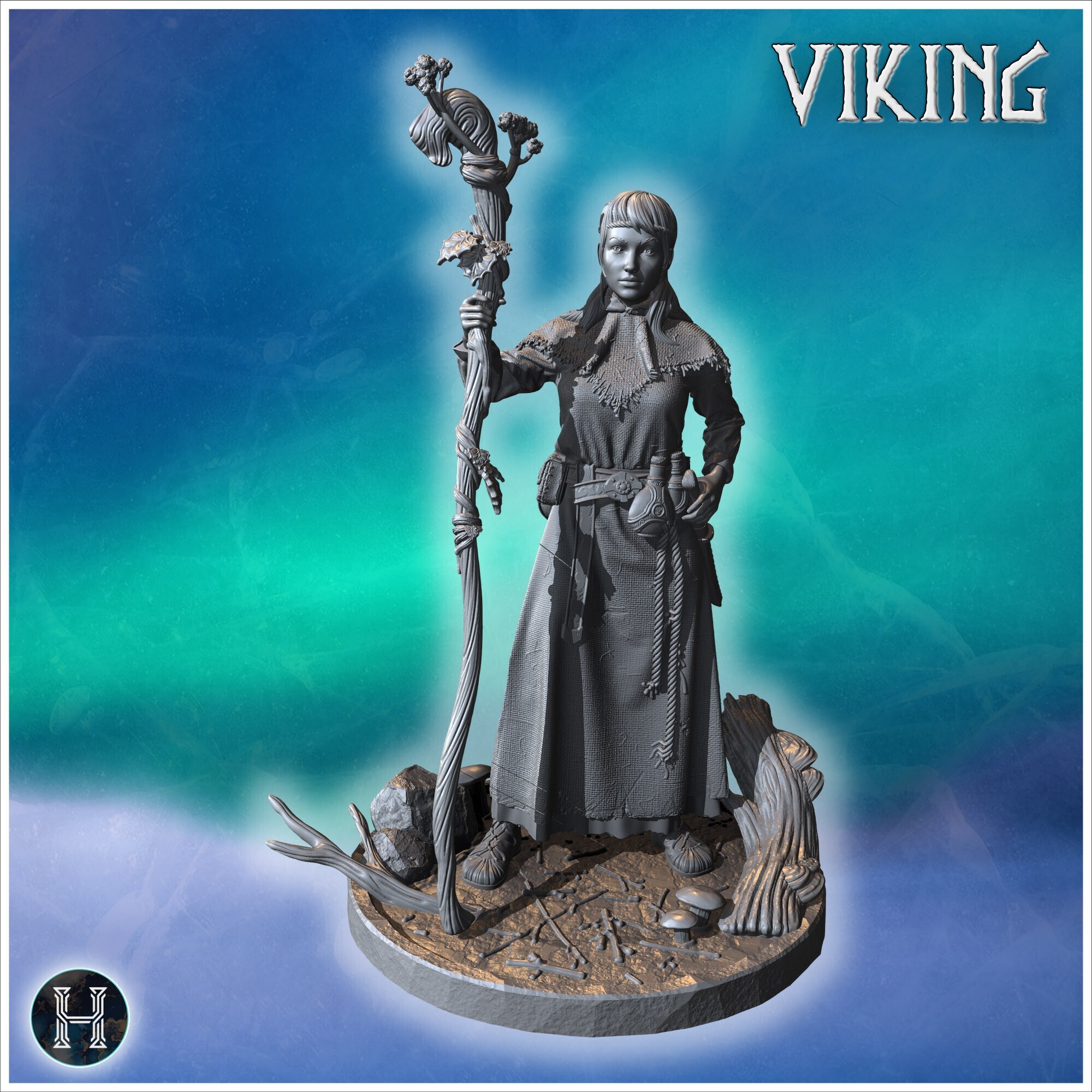 🧝 Calm elven druid stands on decorated base, gripping ornate staff ...