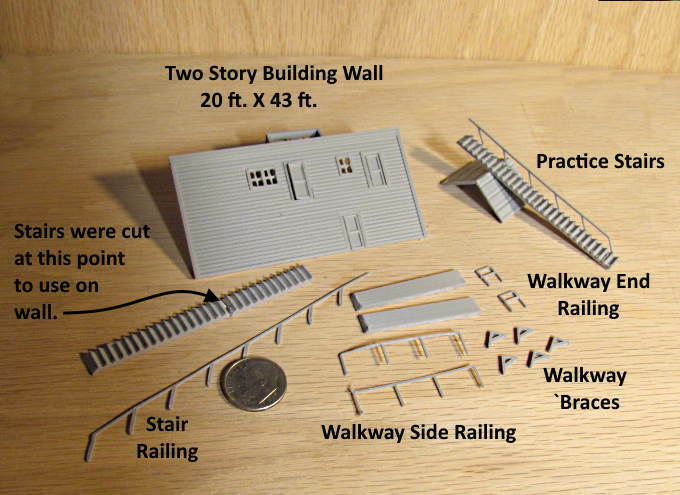 🏗️ N Scale - Stairs, walkway, railings, braces and a building wall ...