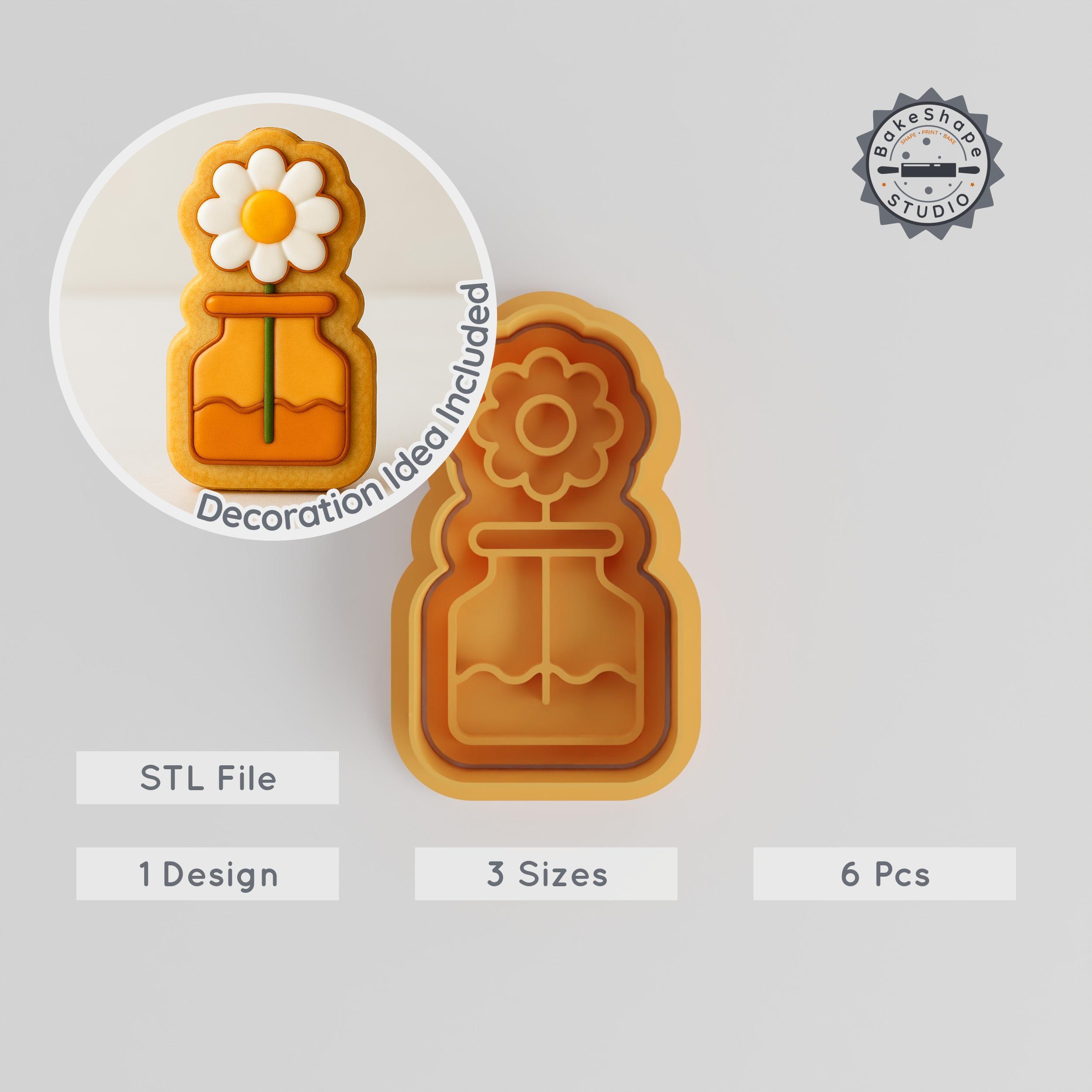 🫙 Daisy in Jar Cookie Cutter & Stamp, Floral Baking Tool, Fondant, 3 ...